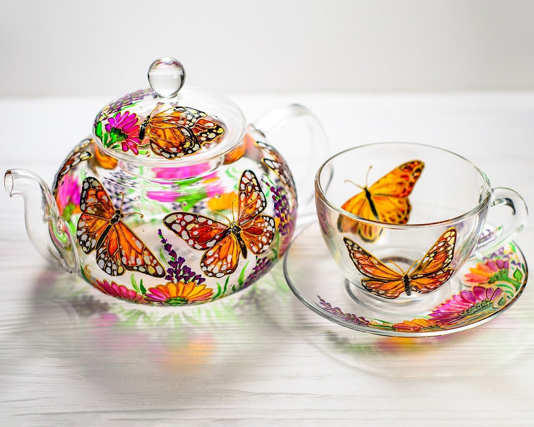 Birthday Butterfly Gift, Personalized Butterflies Tea Set, Teapot With ...