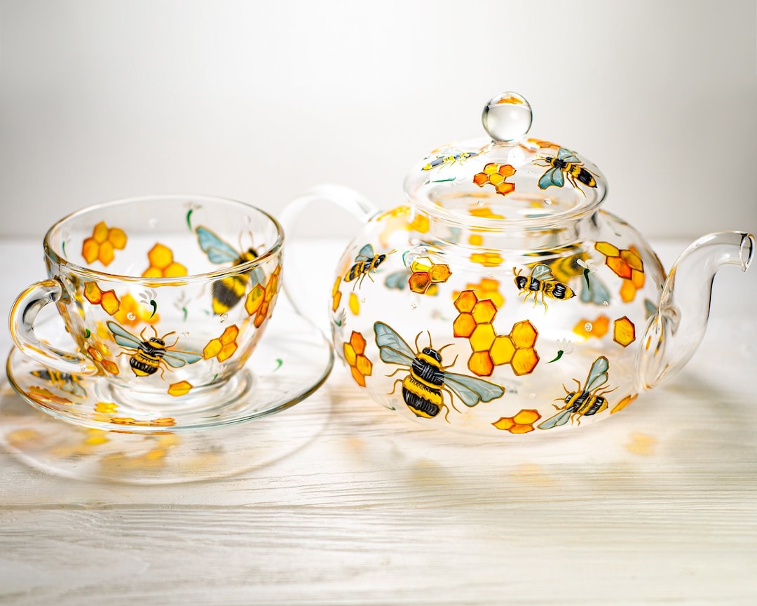 Mothers Day Gift, Hand Painted Glass Tea Set, Bee Teapot With Cups and ...