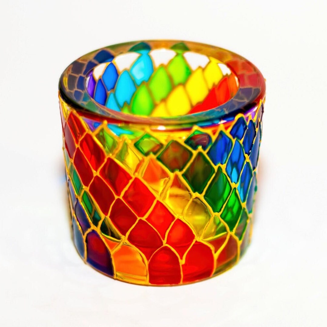 Glass Candle Holder, Hand Painted Rainbow Tealight Holder, Colorful ...