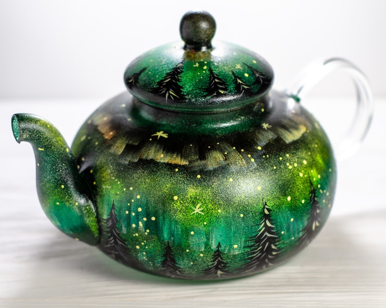Hand Painted Teapot, Unique Glass Tea Pot, Aurora Borealis Whimsical ...