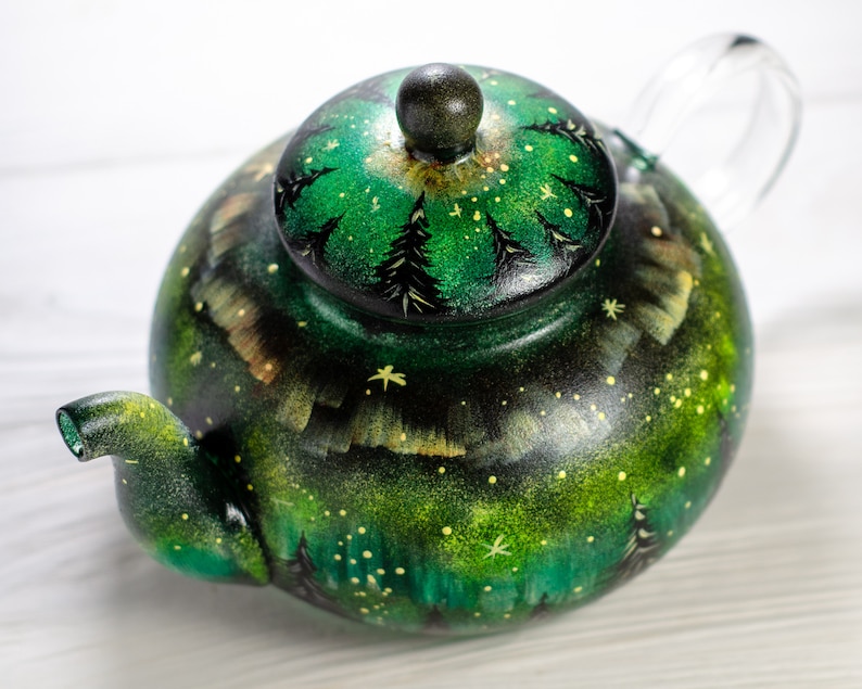 Hand Painted Teapot, Unique Glass Tea Pot, Aurora Borealis Whimsical ...