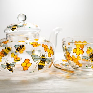 Mothers Day Gift, Hand Painted Glass Tea Set, Bee Teapot With Cups and ...