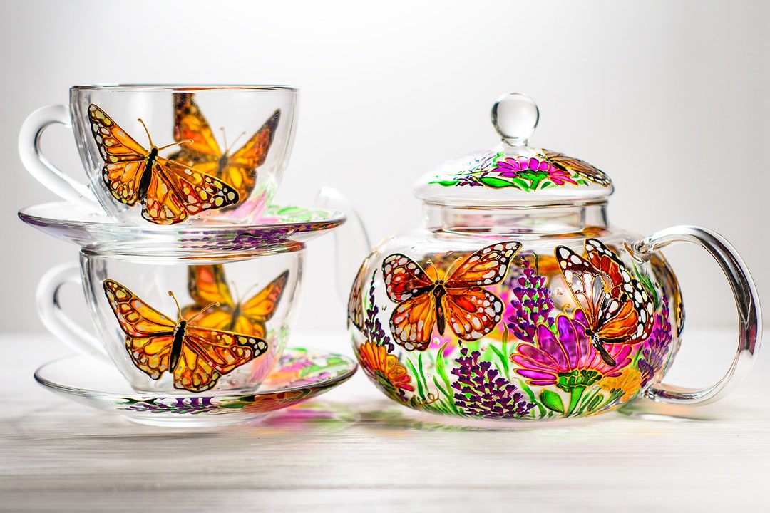 Butterflies Tea Set Hand Painted Teapot With Cups and Saucers ...