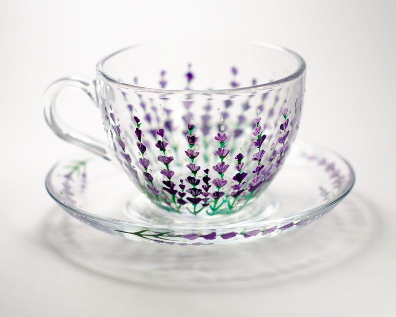 Tea cup and Saucer Lavender Tea set Floral Glass Teacup | Etsy