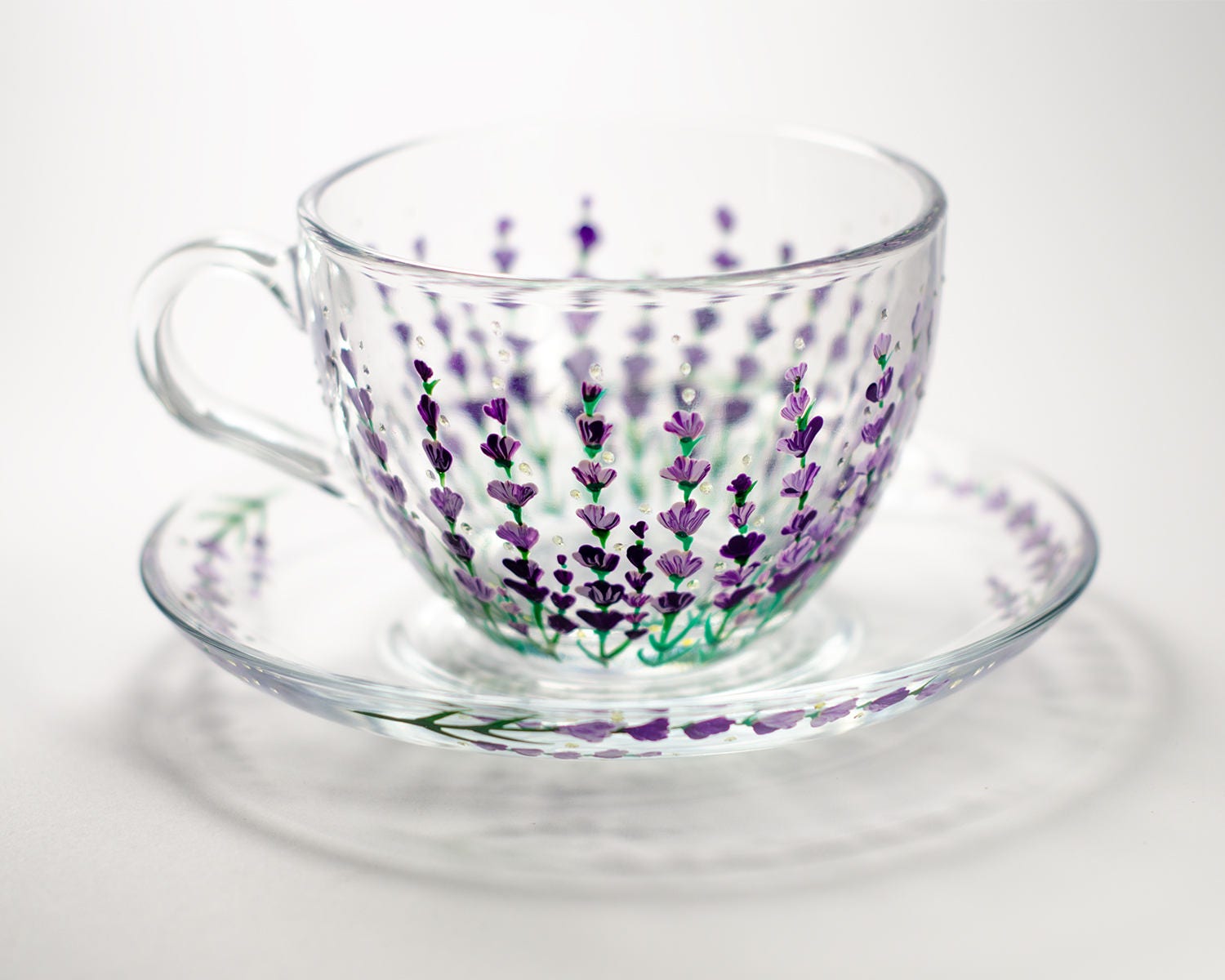 Tea Cup and Saucer Lavender Tea Set Floral Glass Teacup | Etsy