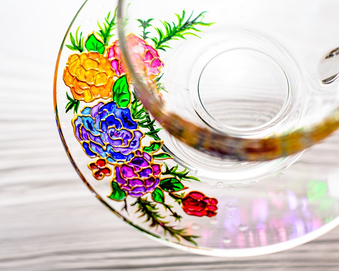 Tea Cups and Saucers Colorful Floral Tea Set 2 Cups With | Etsy