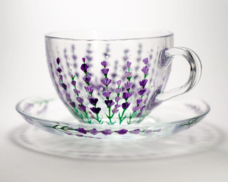 Tea Cup and Saucer Lavender Tea Set Floral Glass Teacup - Etsy