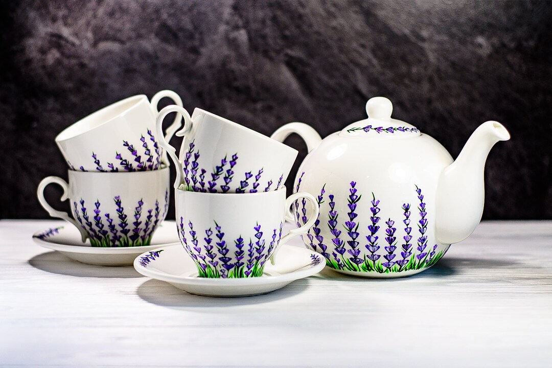 Ceramic Tea Set Personalized Lavender Teapot With 4 Cups and Saucers ...