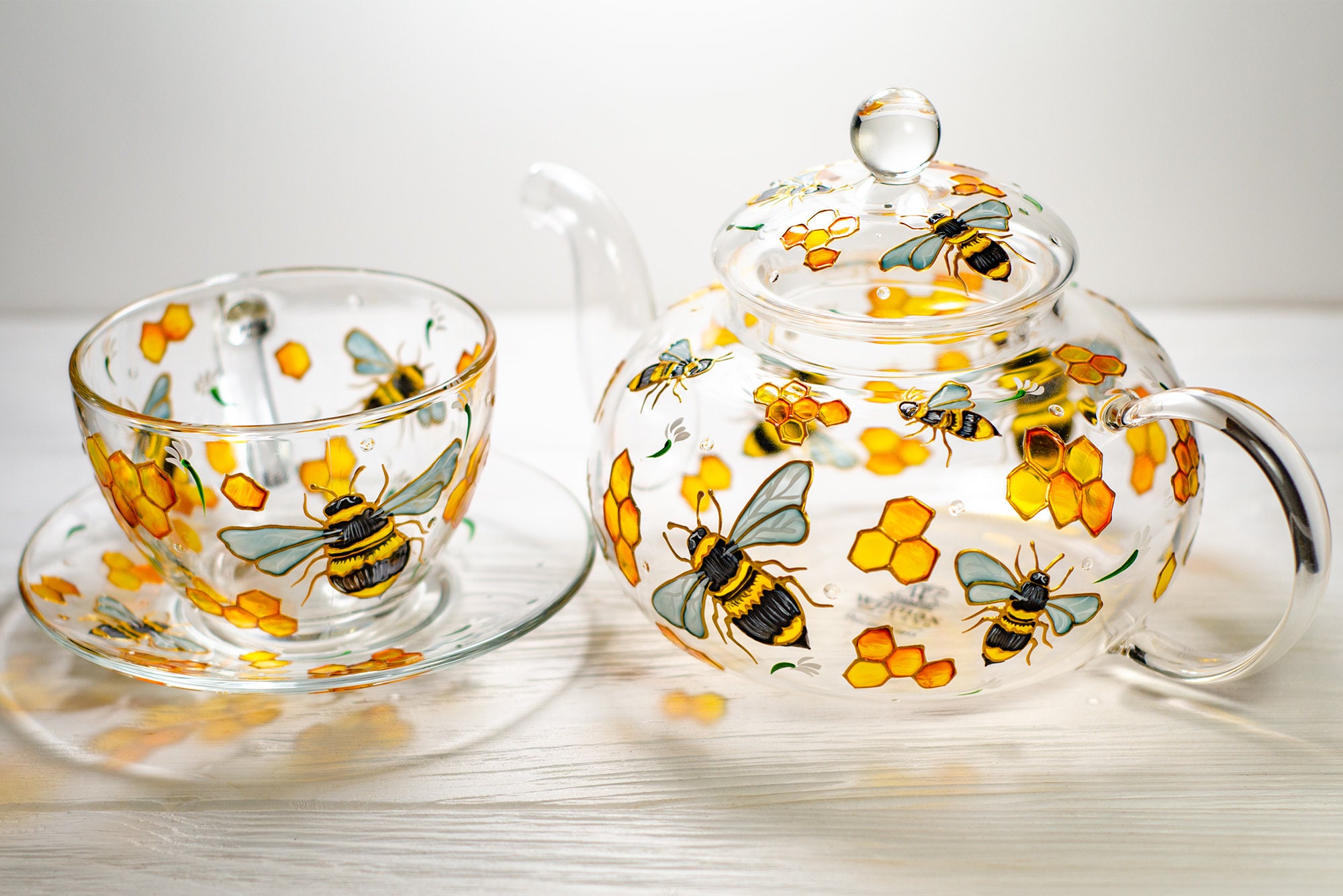 Mothers Day Gift, Hand Painted Glass Tea Set, Bee Teapot With Cups and ...