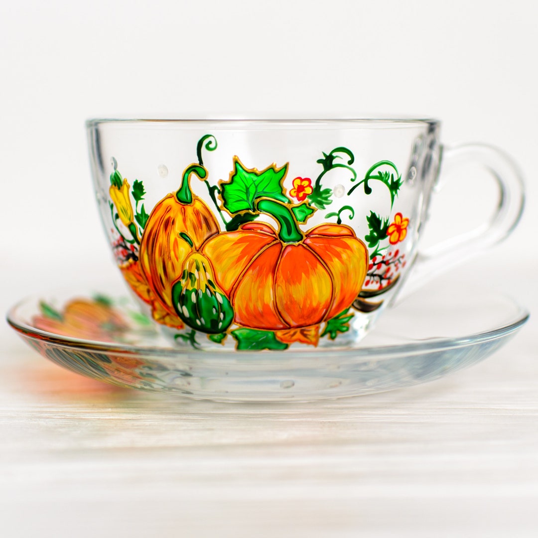 Hand Painted Pumpkin Tea Cup and Saucer, Autumn Fall Tea Set - Etsy