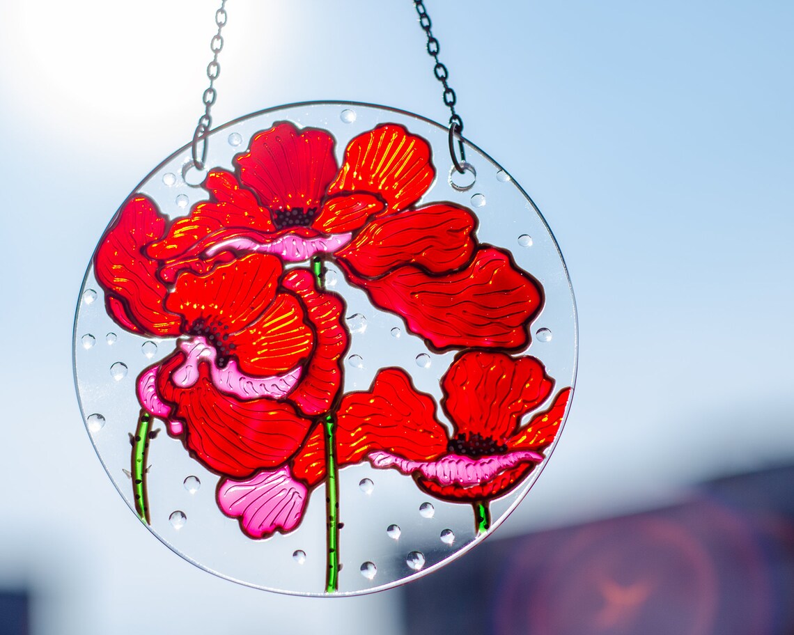 Poppy Ornament Stained Glass Decor Red Poppies Window Hanging | Etsy