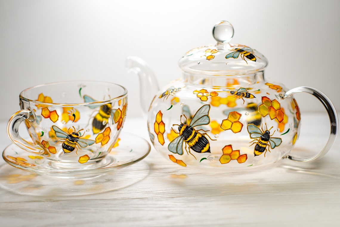 Mothers Day Gift, Hand Painted Glass Tea Set, Bee Teapot With Cups and ...