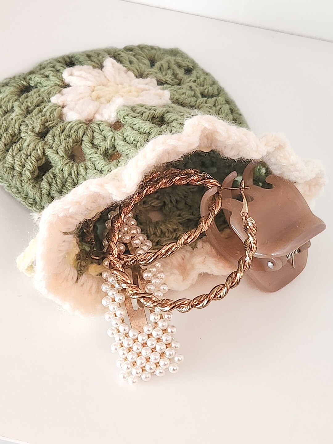 Sage Green Daisy Granny Square Drawstring Bag - Etsy