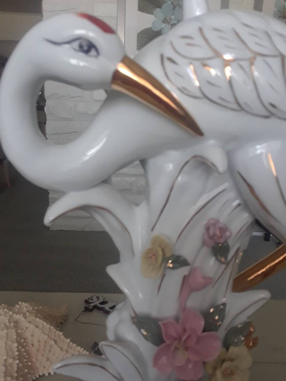 PORCELAIN Tropical BIRD STATUE Large Tall 15 Crane or Egret Statue Gold ...