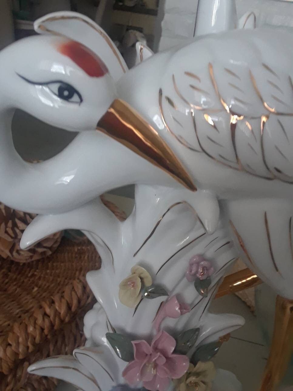 PORCELAIN Tropical BIRD STATUE Large Tall 15 Crane or Egret Statue Gold ...