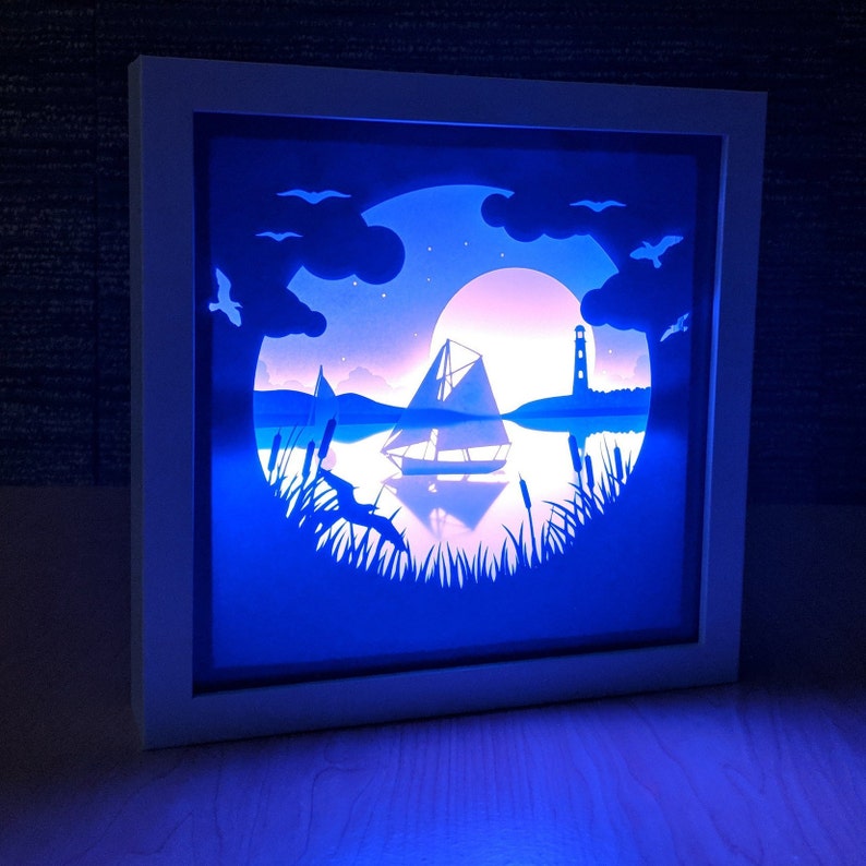 Sailboat Paper Cut Light Box Art / Harbor Lighthouse Silhouette ...