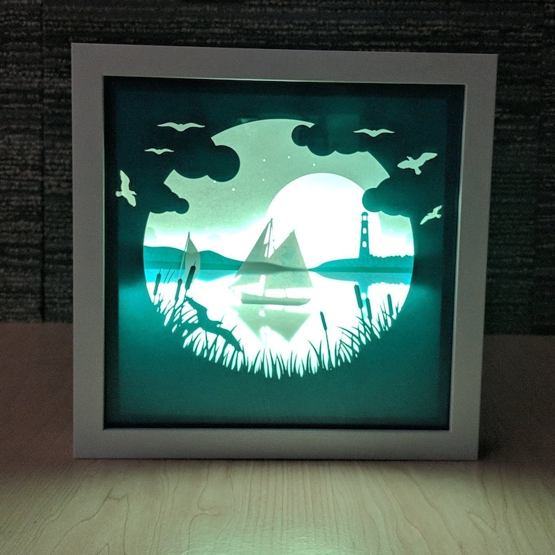 Sailboat Paper Cut Light Box Art / Harbor Lighthouse Silhouette ...