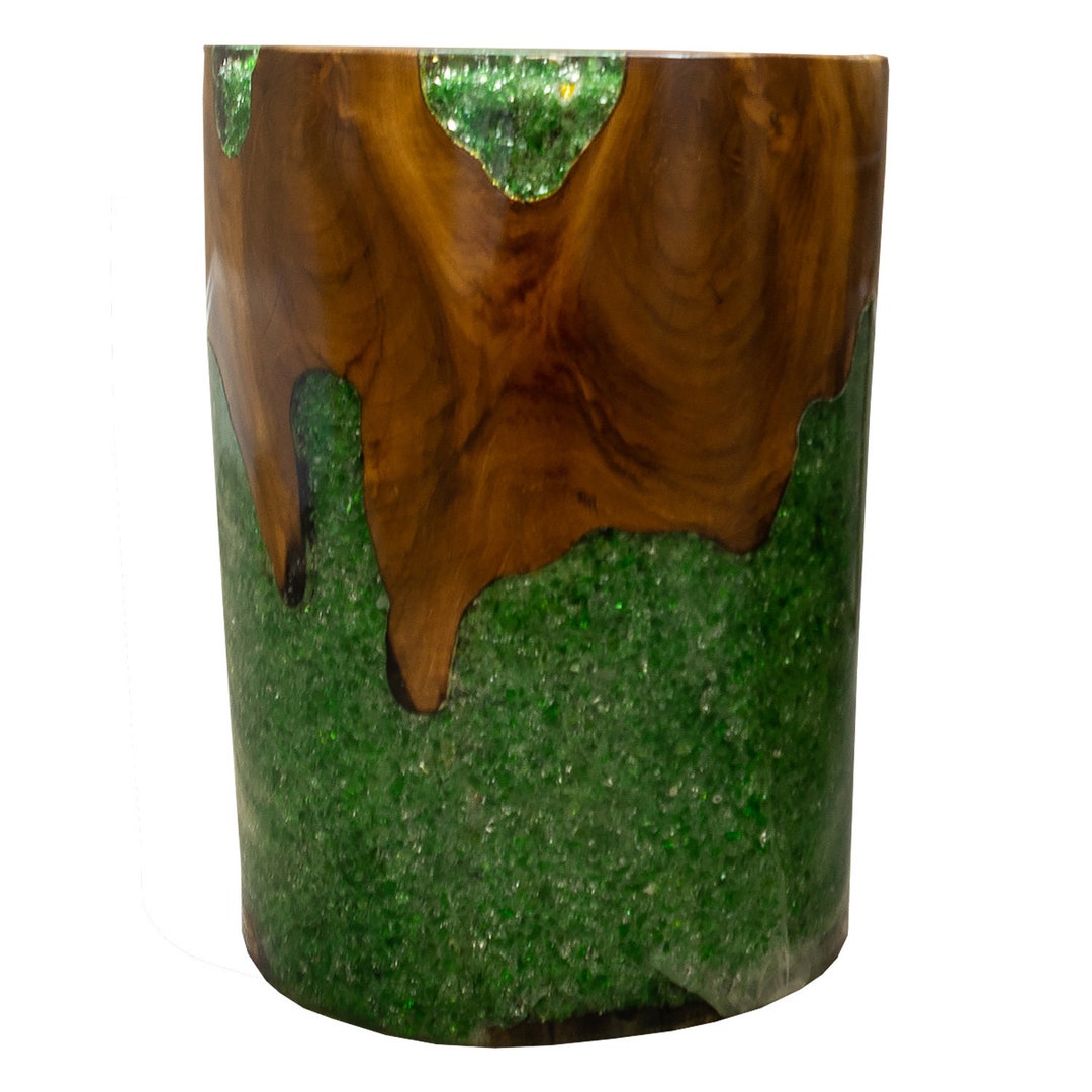 Green Poly Resin and Teak Root Wood Cylinder End Table RS11BRGRN-07 - Etsy