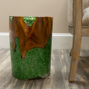 Green Poly Resin and Teak Root Wood Cylinder End Table RS11BRGRN-07 - Etsy