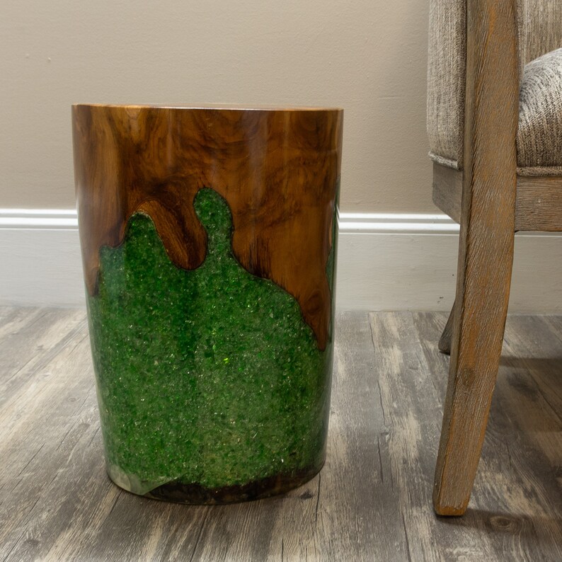 Green Poly Resin and Teak Root Wood Cylinder End Table - Etsy