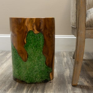 Green Poly Resin and Teak Root Wood Cylinder End Table RS11BRGRN-07 - Etsy