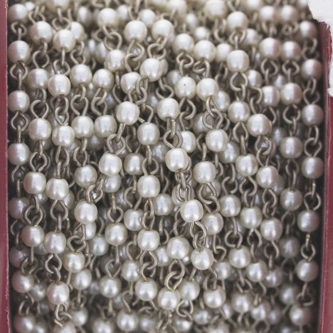 Glass Pearl Rosary Style Chain by the Foot, 1ft Included, Brass Wire ...