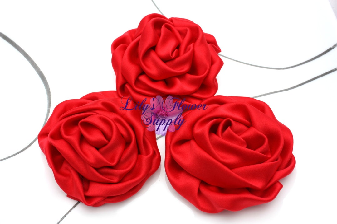 SET of THREE - Red - Satin Flower - Satin Rose - Ruched Flowers ...