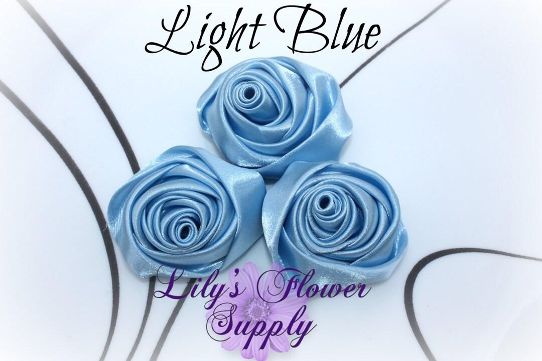 Rolled Rosettes - SET of THREE - Light Blue - Satin Flower - Satin Rose ...
