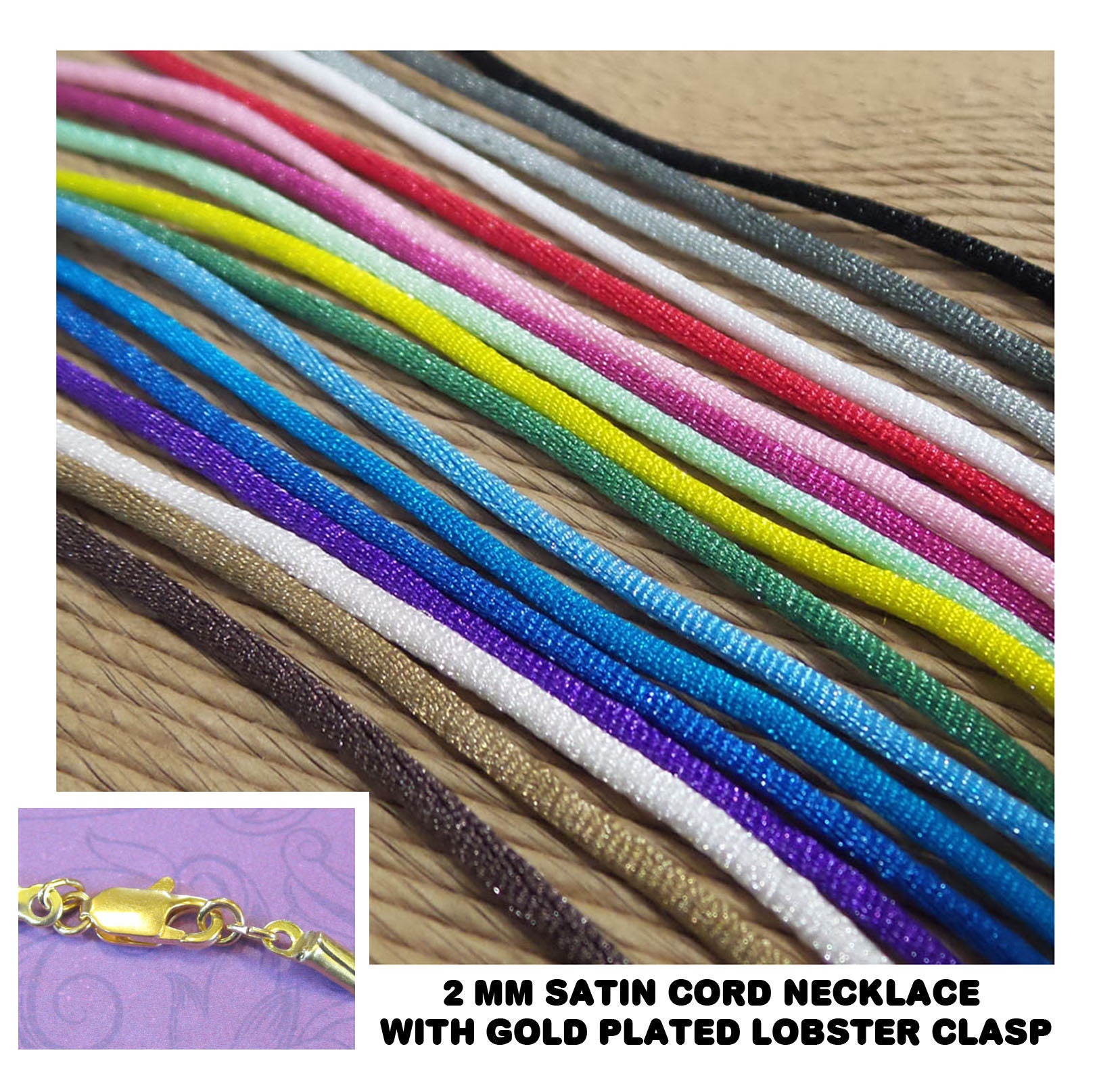 Choose Color & Length - 2 Mm Satin Necklace Cord With GOLD Plated ...