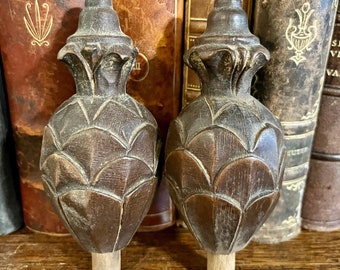 Beautiful Dark Set of 2 Antique Finials, French Hand Turned Wood Ideal ...