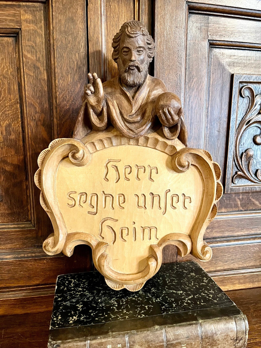 Vintage German Carved Wood Blessing Plaque Saint Peter "lord Bless Our ...