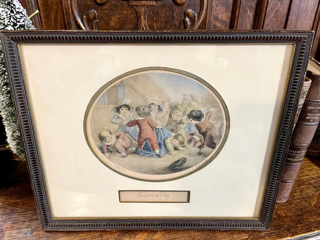 Antique English Framed Art Lithograph Children at Play C Knight After T ...