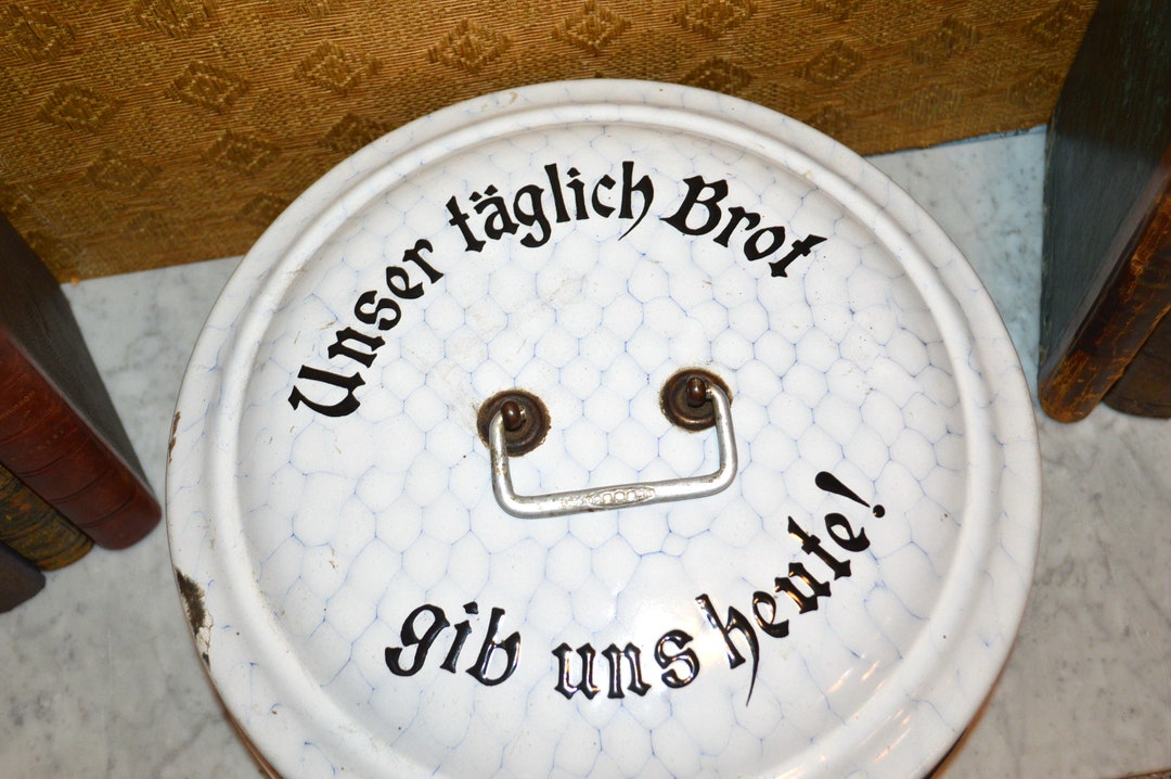 Antique German Bread Box Enamel Round Storage Kitchen Chicken Wire ...