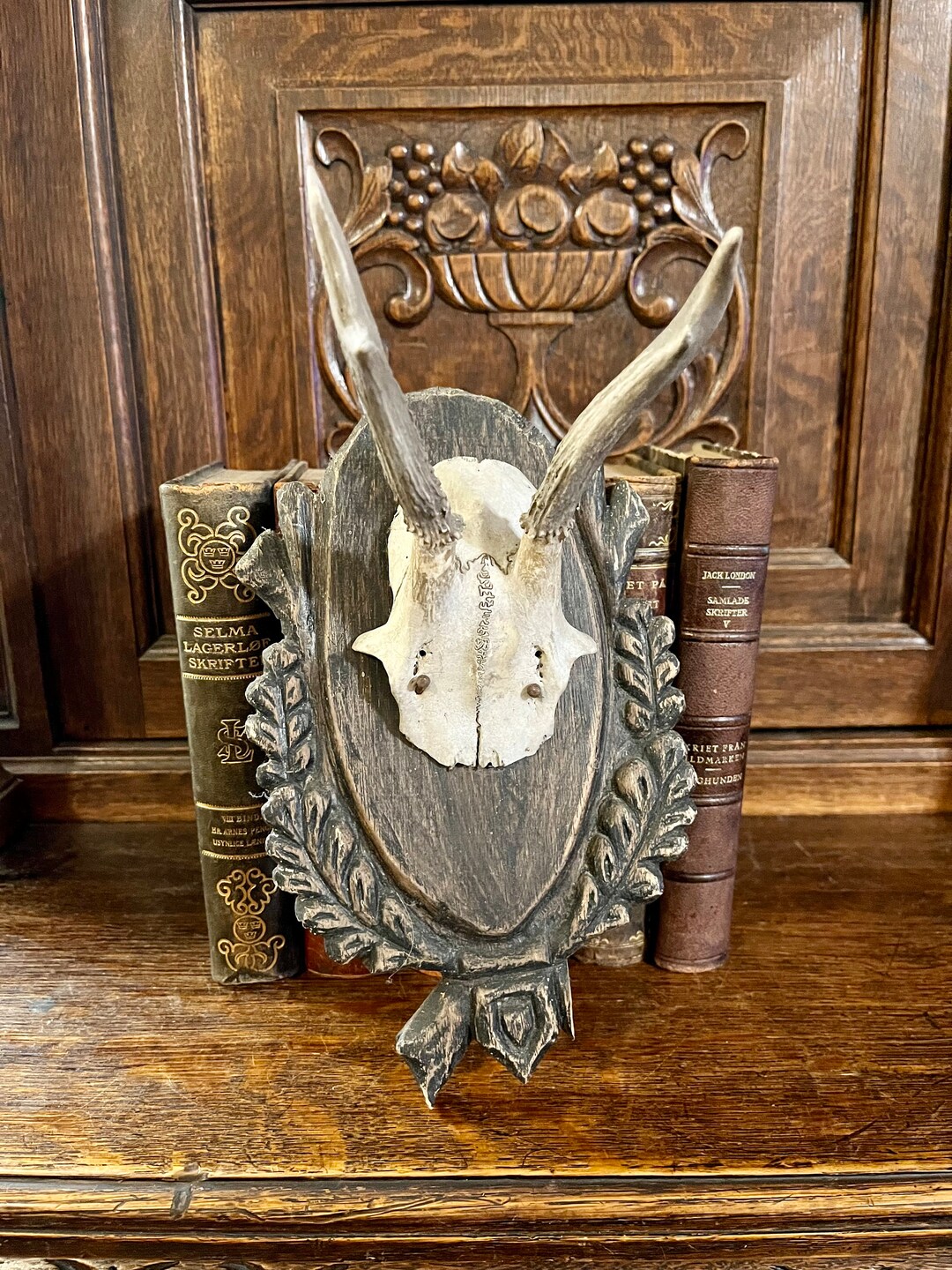 Antique German Deer Antlers Trophy Shield Wood Plaque Mount Carved ...