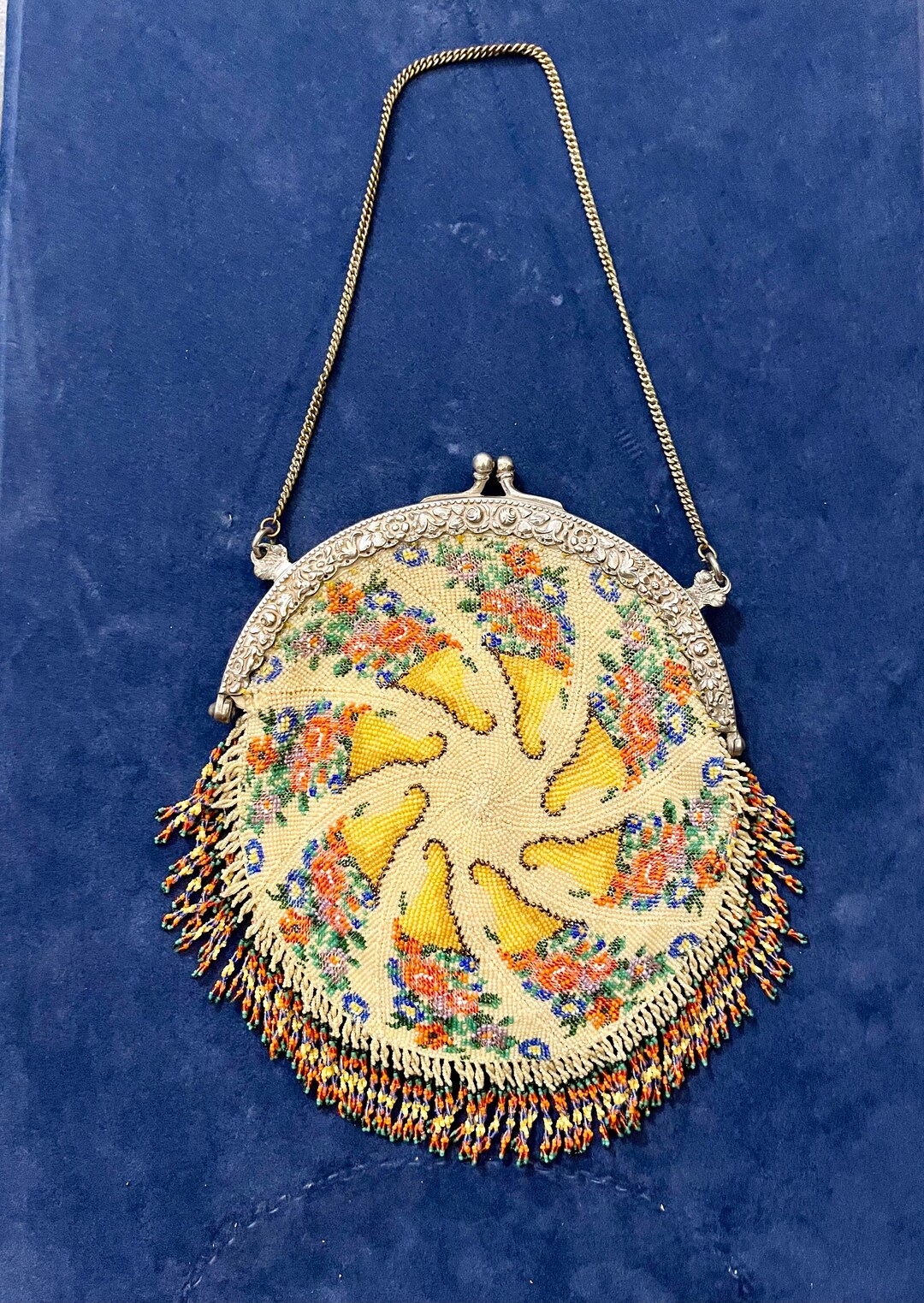 Antique French Micro Beaded Floral Purse Bag Sterling Silver Fringed ...