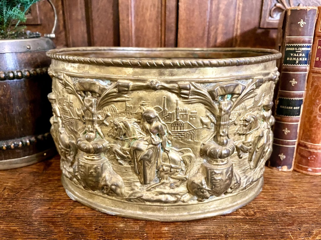 Antique French Jardiniere Brass Joan of Arc Scenes Crowns Crests ...