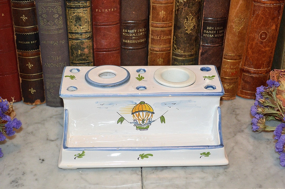 Vintage French Faience Dual Inkwell Pierre Deux White Blue Porcelain ...