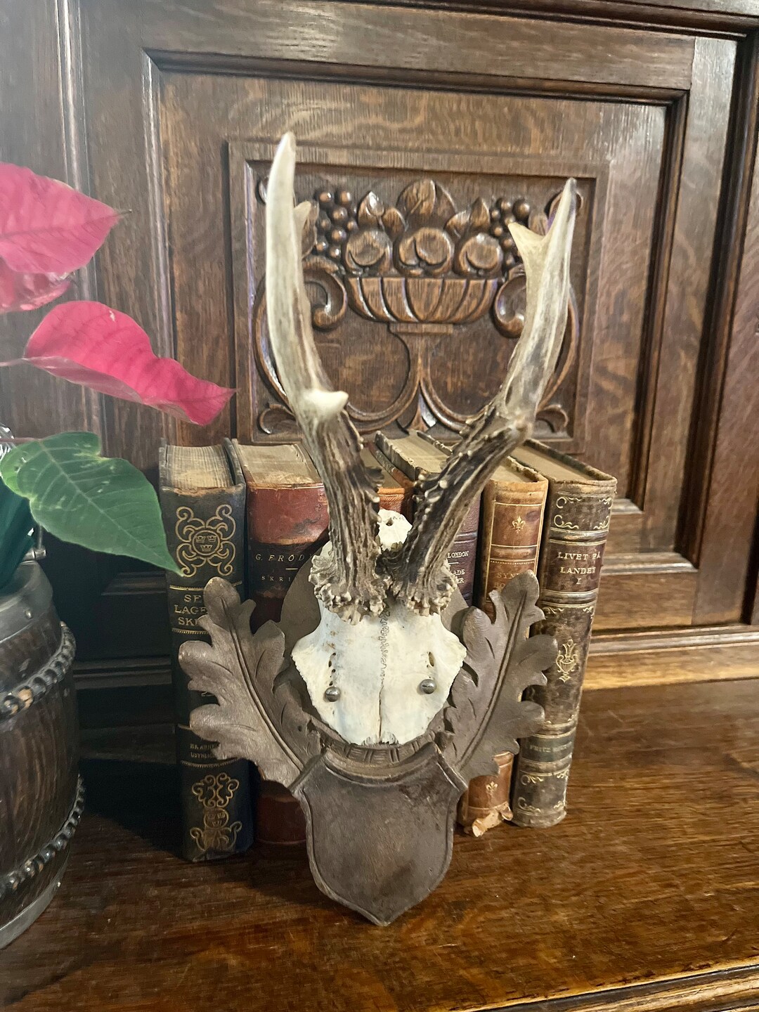 Antique German Deer Antlers Trophy Shield Wood Plaque Mount Carved ...