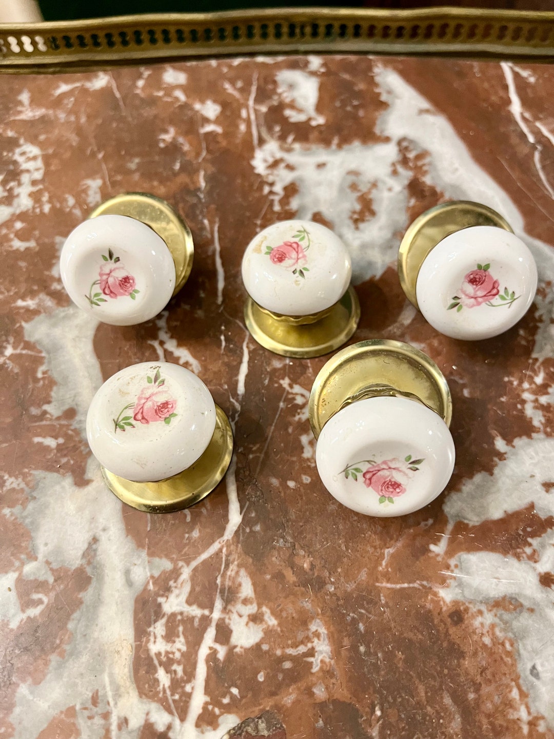 Vintage Set of 5 White Porcelain Floral Roses Gold Drawer Knobs With ...
