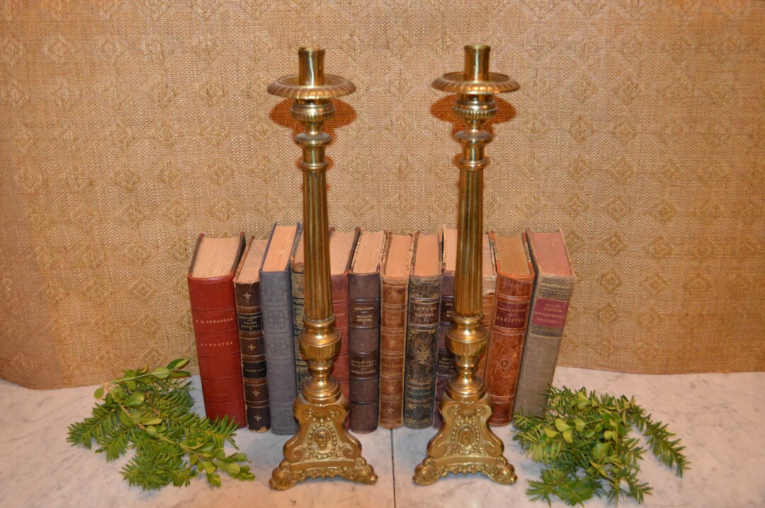 Antique Pair French Brass Ornate Church Altar Candle Holders Religious ...