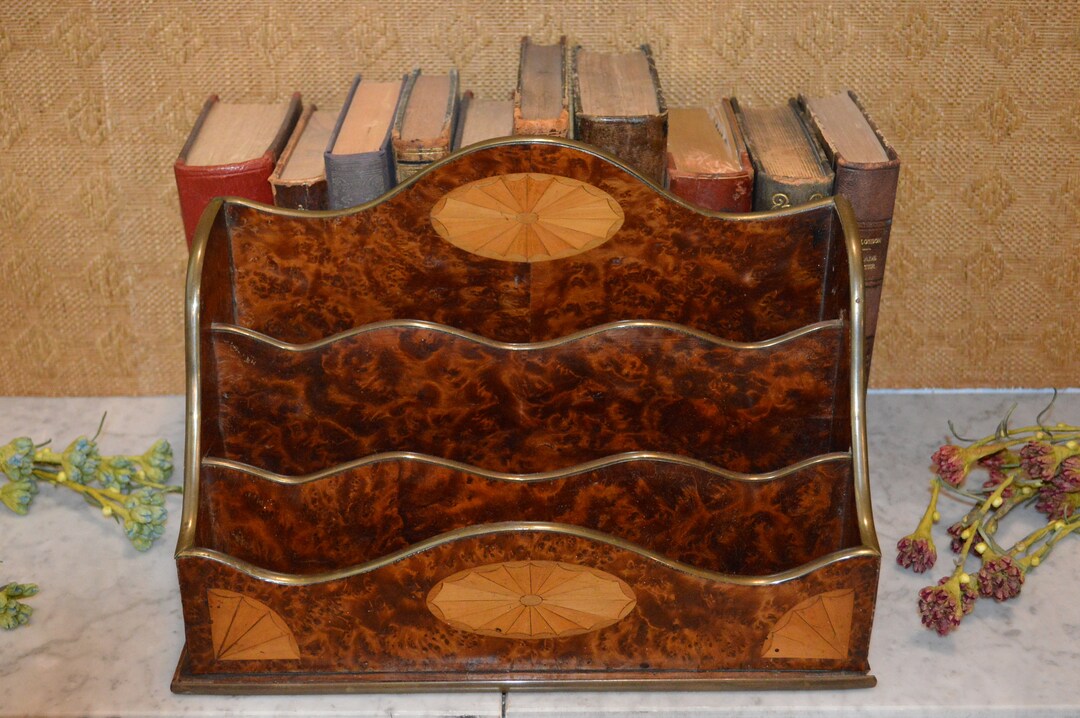 Antique English Burled Walnut Brass Letter Mail Desk Organizer Box ...