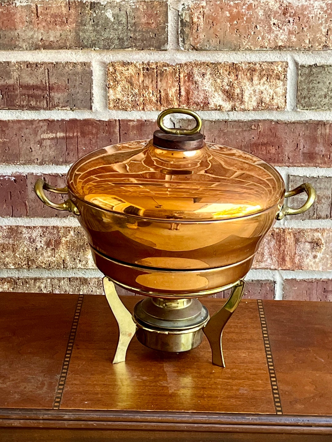 Vintage Italian Copper Chafing Dish Pot Pan Brass Handles and Stand MCM ...