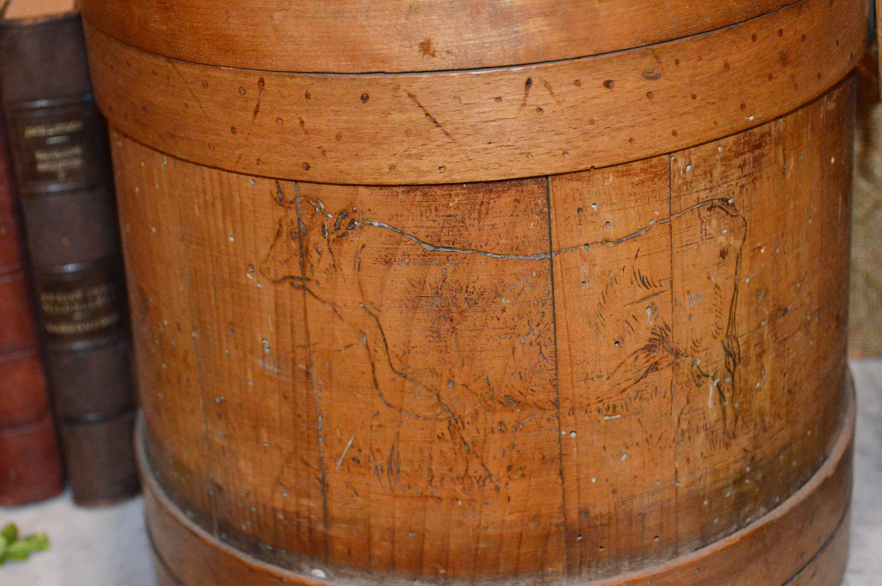 Antique English Firkin Wood Butter Etched Cow Design With Handle ...