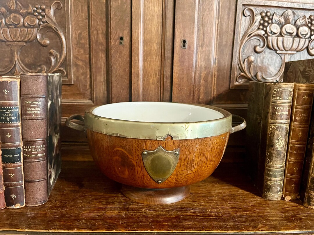 Antique English Trophy Bowl Oak Wood Cartouche Shield Ceramic Liner - Etsy