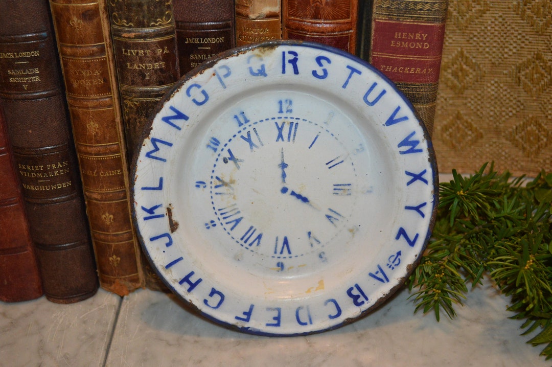 Antique Childs Blue White Enamel Plate ABC Alphabet Clock Made in ...