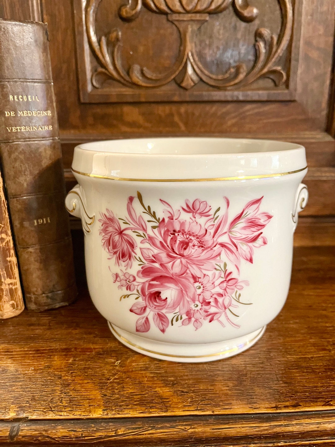 Antique German Cachepot Pink Floral Porcelain Transferware Planter Pot ...