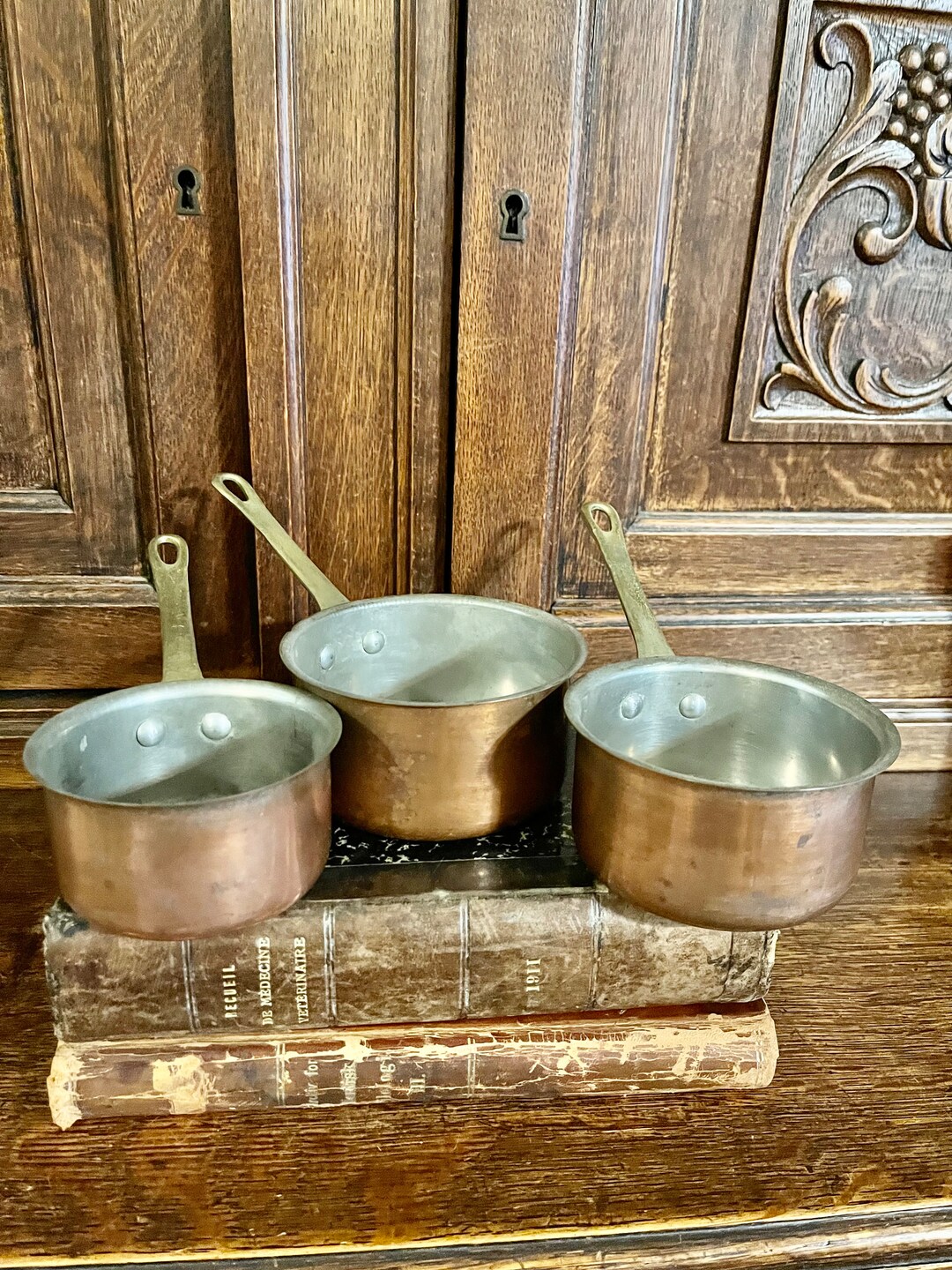 Vintage French Set of 3 Copper Graduated Kitchen Pans Measures Brass ...