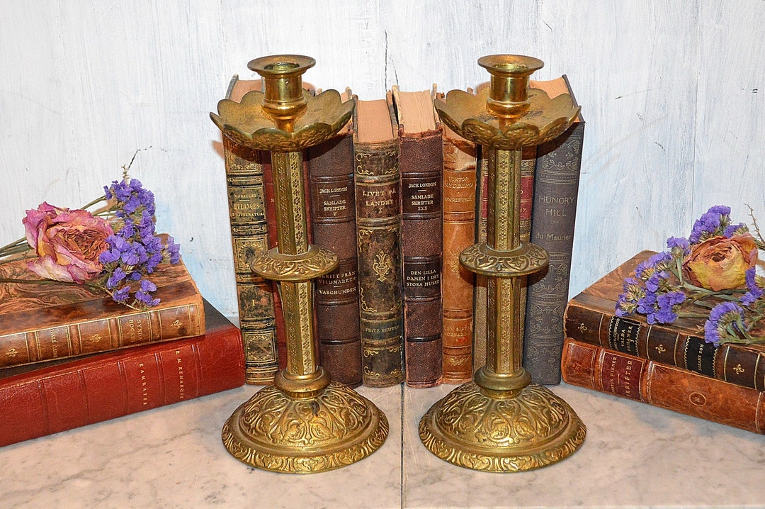 Antique Pair French Brass Ornate Church Altar Candle Holders Religious ...