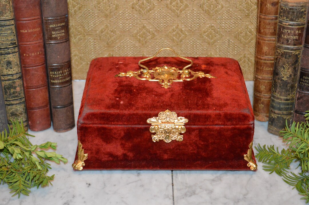 Antique French Velvet Victorian Jewelry Sewing Dresser Box Gilt Mounts ...