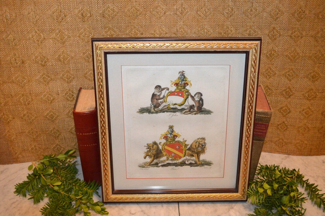Antique Art Heraldic English Coat of Arms Framed Hand Colored Engraving ...